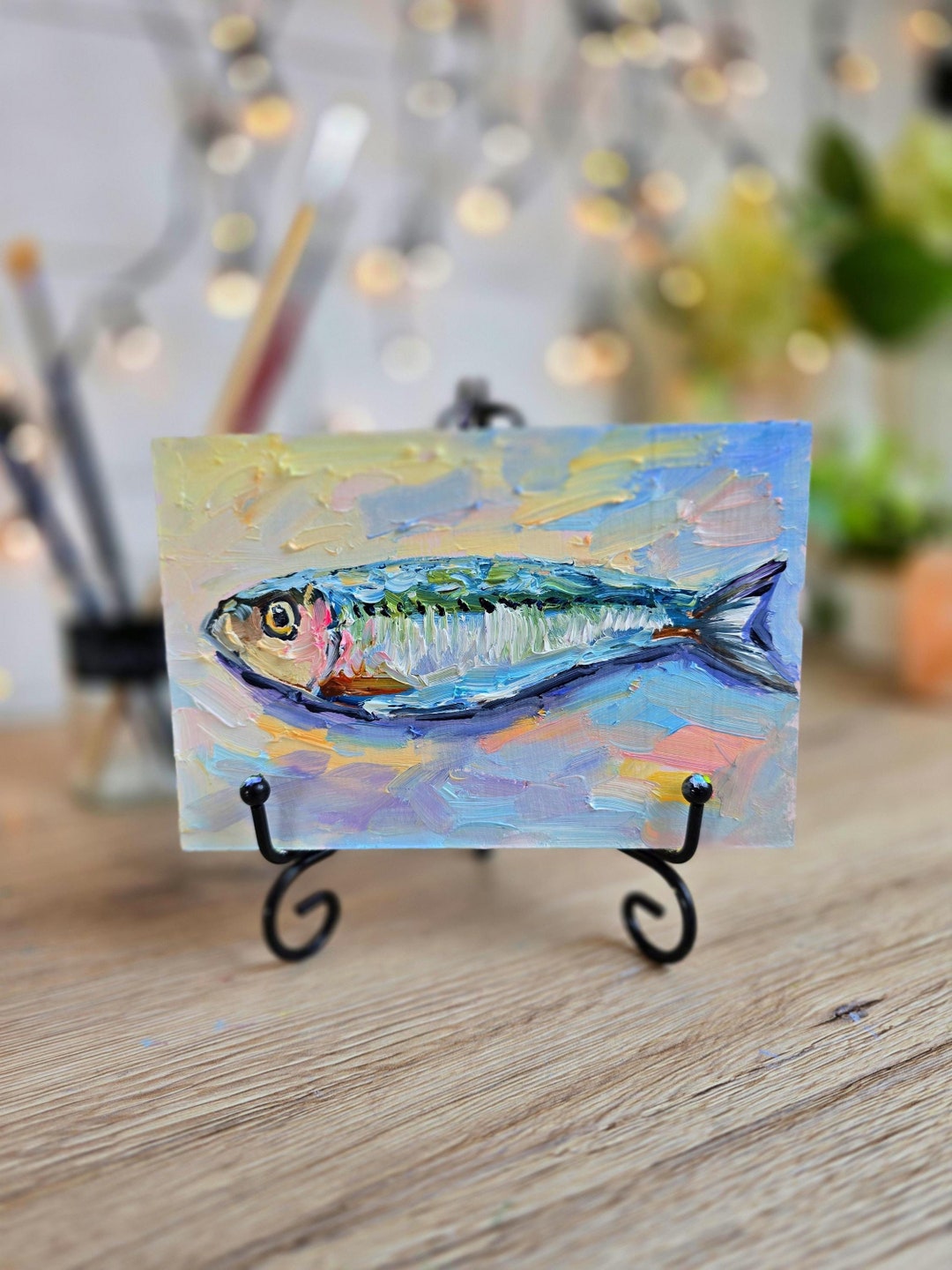 Sardine Painting Colorful Fish Art Original Oil Painting on Cardboard ...