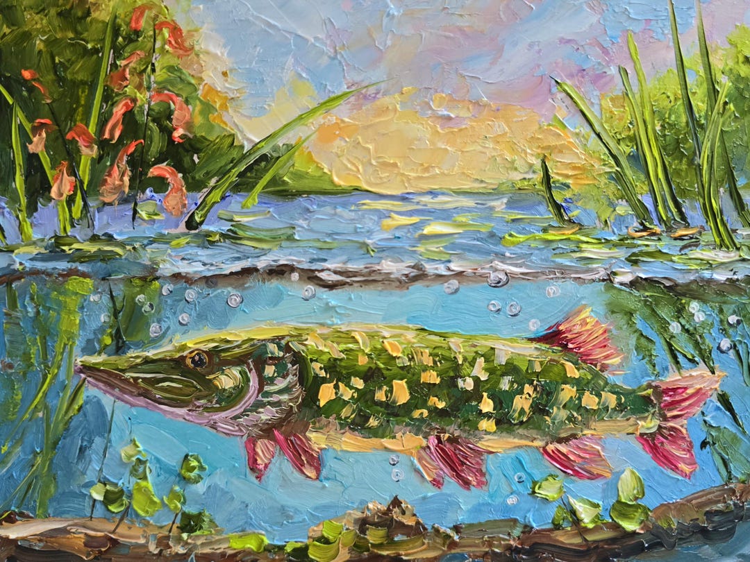 Pike Fish Art Original Oil Painting on Cardboard Underwater Scene Lake ...