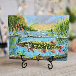 Pike Fish Art Original Oil Painting on Cardboard Underwater Scene Lake ...