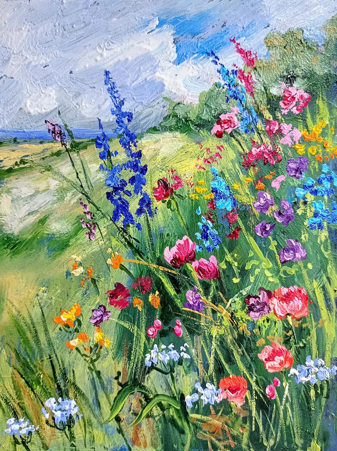Flower Meadow Original Oil Painting on Cardboard 6x8 Inch (15x20 Cm ...