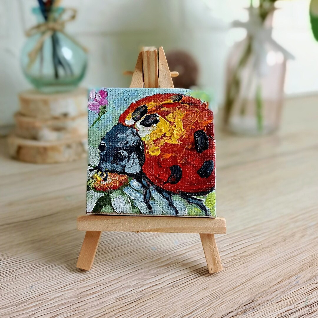 Ladybug and Cockchafer Oil Painting Small Canvas Art With Mini Easel ...