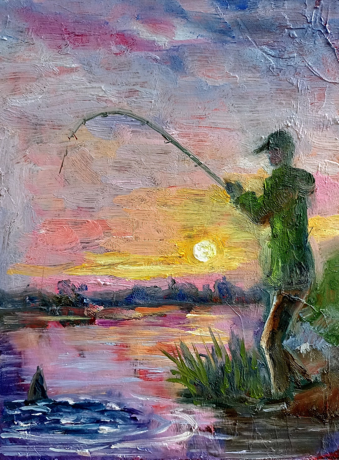 Fisherman Hobby Painting Small Original Oil Painting on Cardboard 6 X 8 ...