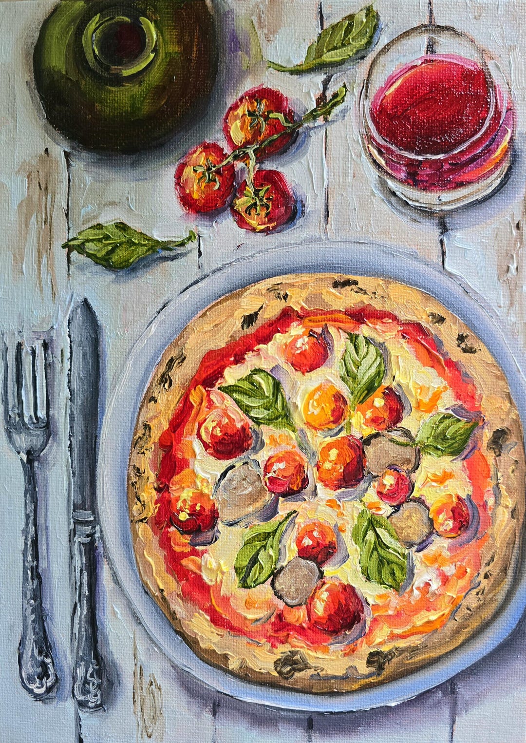 Pizza Original Oil Painting on Cardboard 7x10 Inch (18x24 Cm) Wine ...