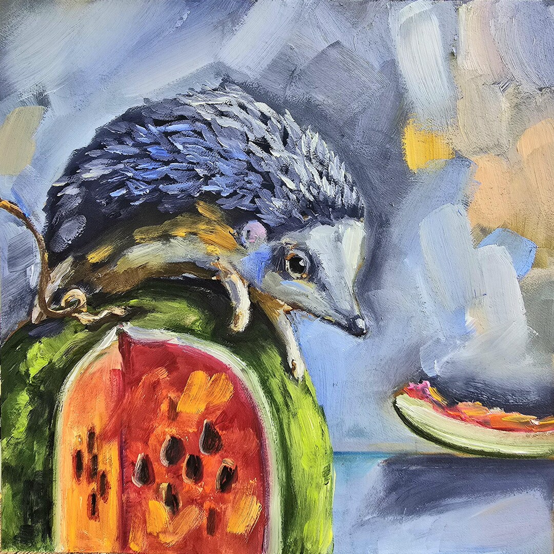 Hedgehog Watermelon Original Oil Painting 8x8 Inch (20x20 Cm) Cute ...