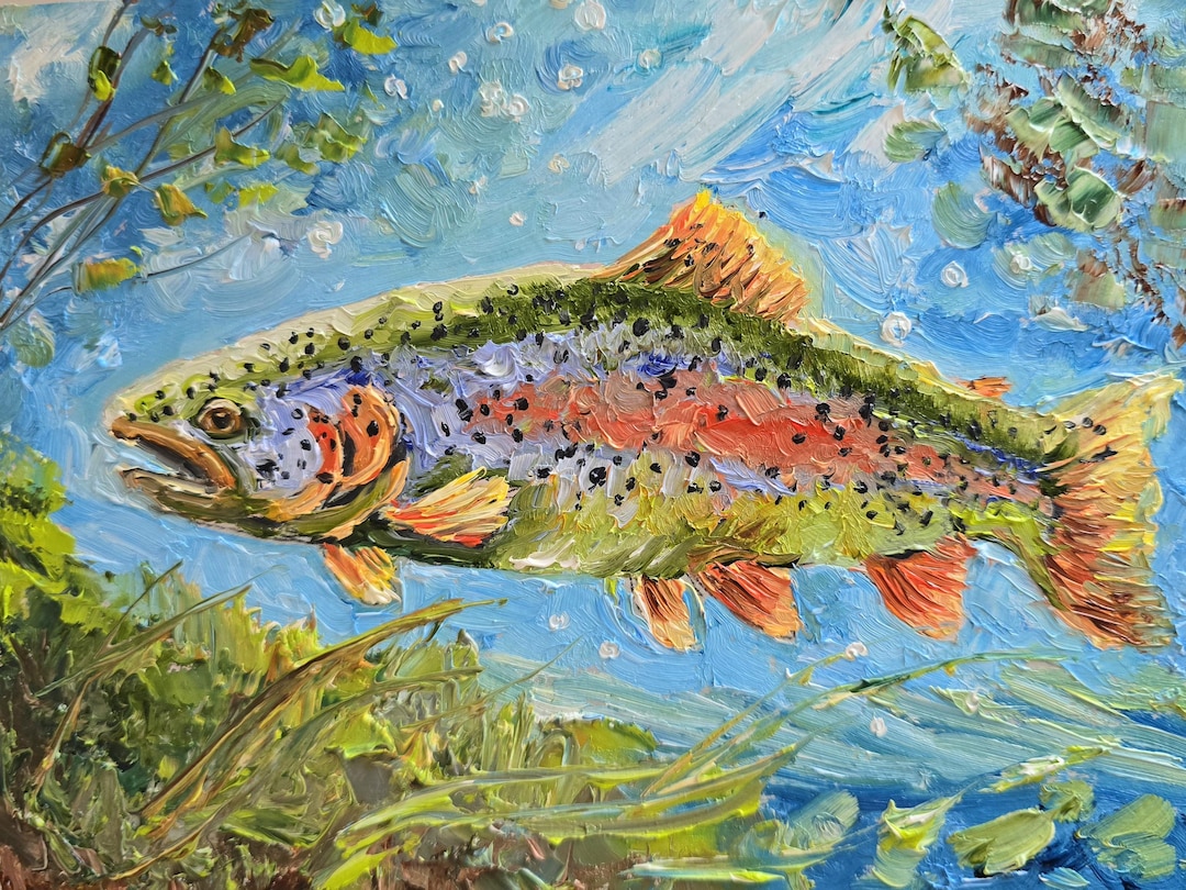 Trout Fish Original Oil Painting on Cardboard Nature Wall Art Fisherman ...