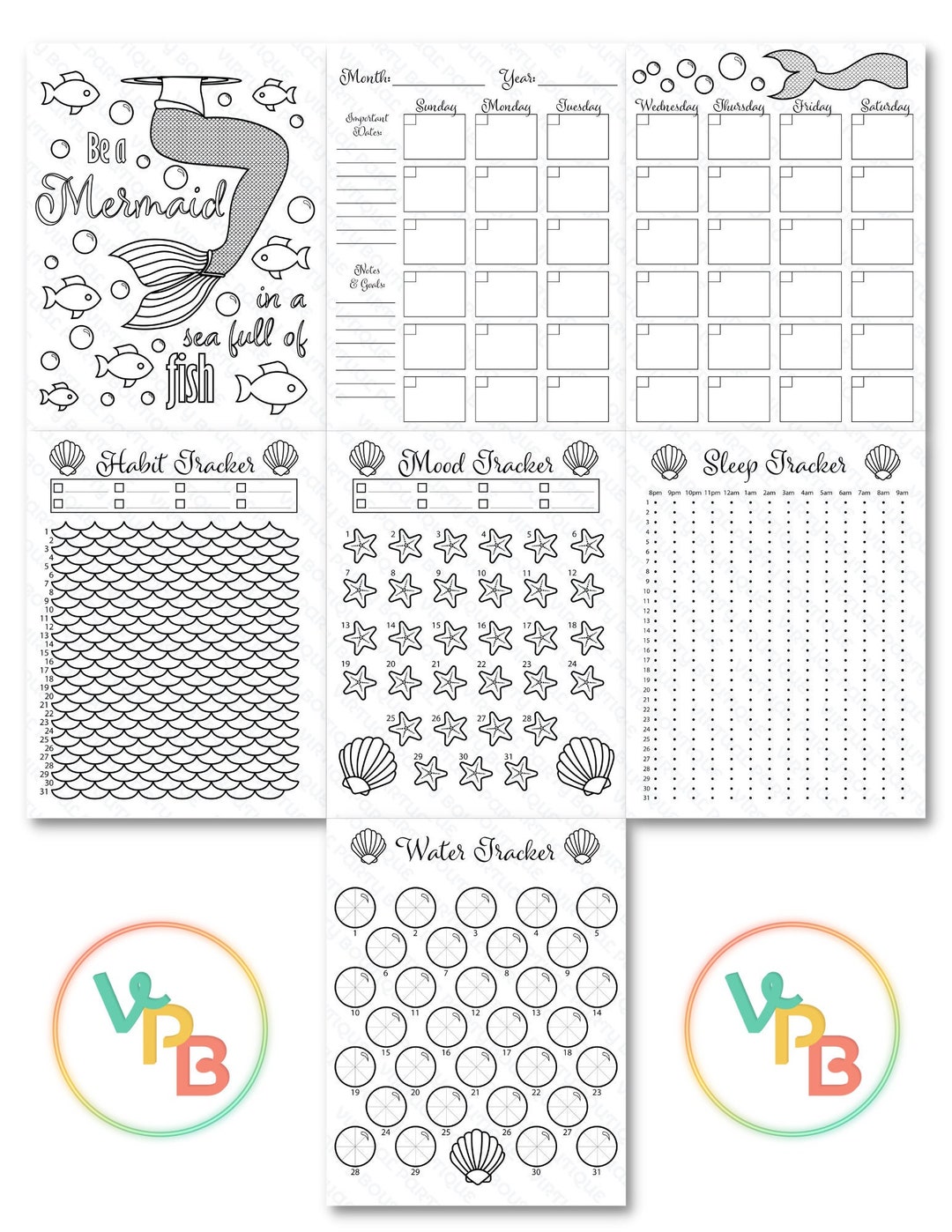 Printable Mermaid Ocean Bujo Bullet Journal Spread 31 Days Any Month ...