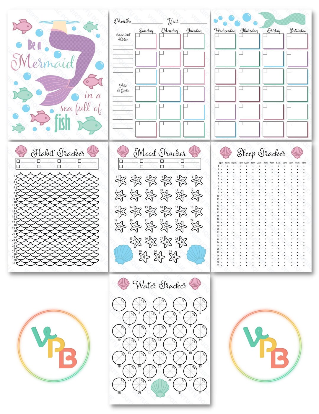 Printable Mermaid Ocean Bujo Bullet Journal Spread 31 Days Any Month ...