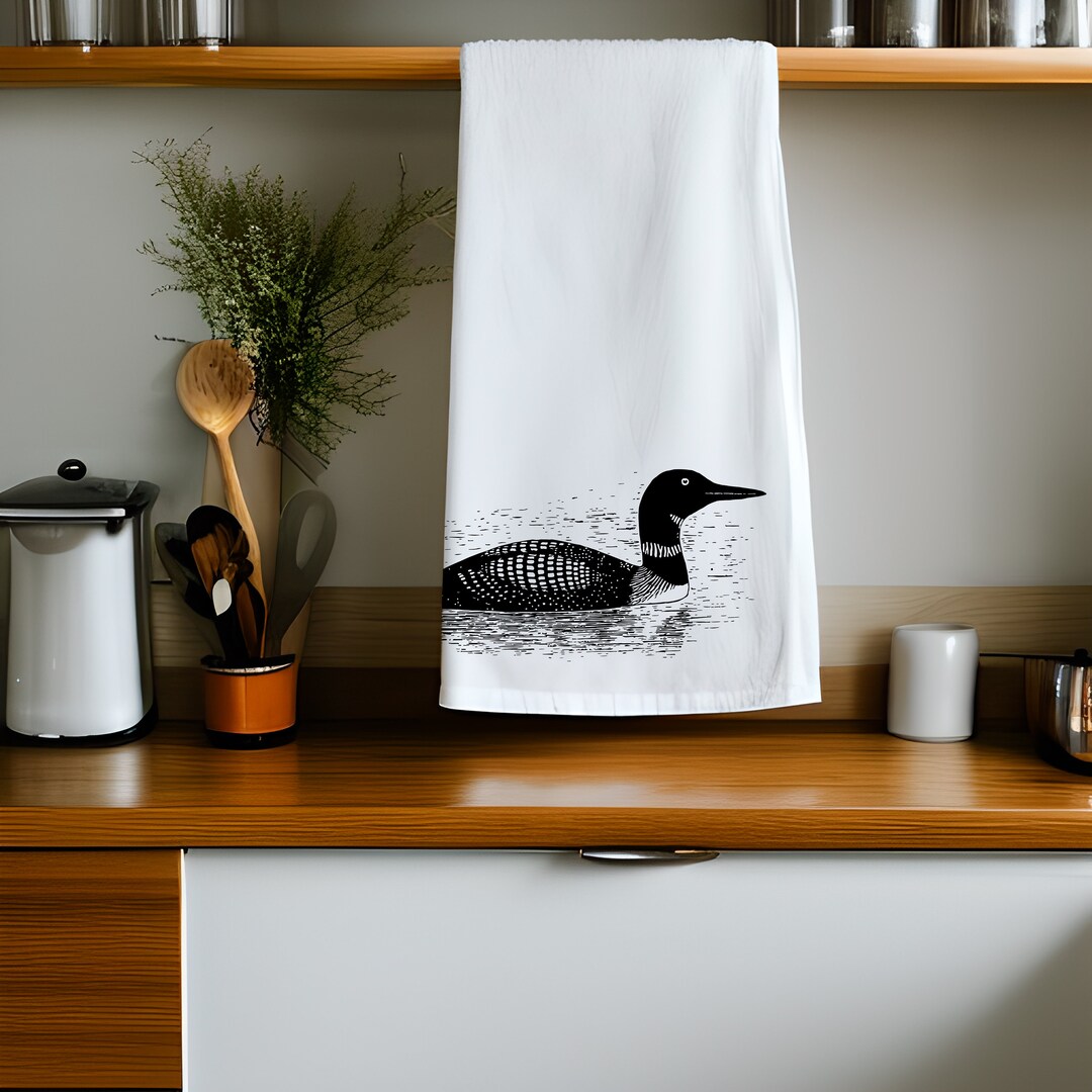 Common Loon Cotton Tea Towel | Bird Illustration Kitchen Towel | Lake ...