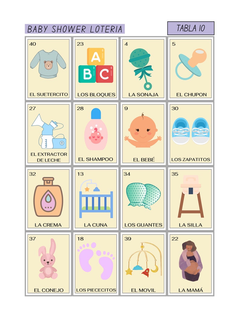 Lotería de Baby Shower en Español. 54 Tarjetas, con 10 Tablas ...