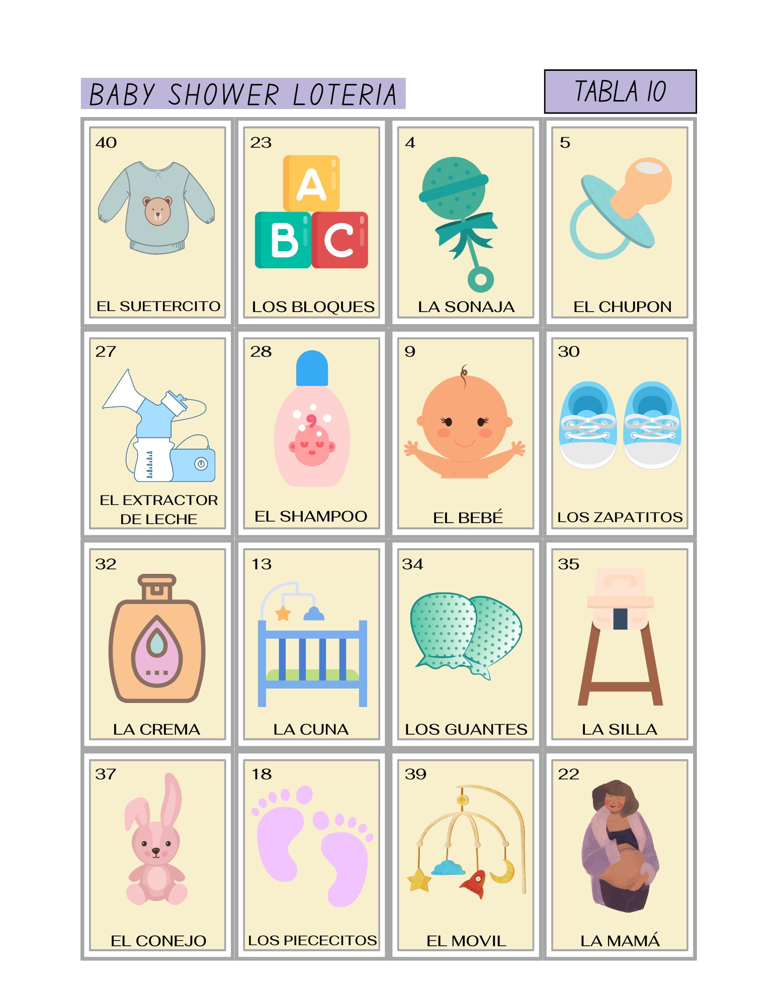 Lotería de Baby Shower en Español. 54 Tarjetas, con 10 Tablas ...