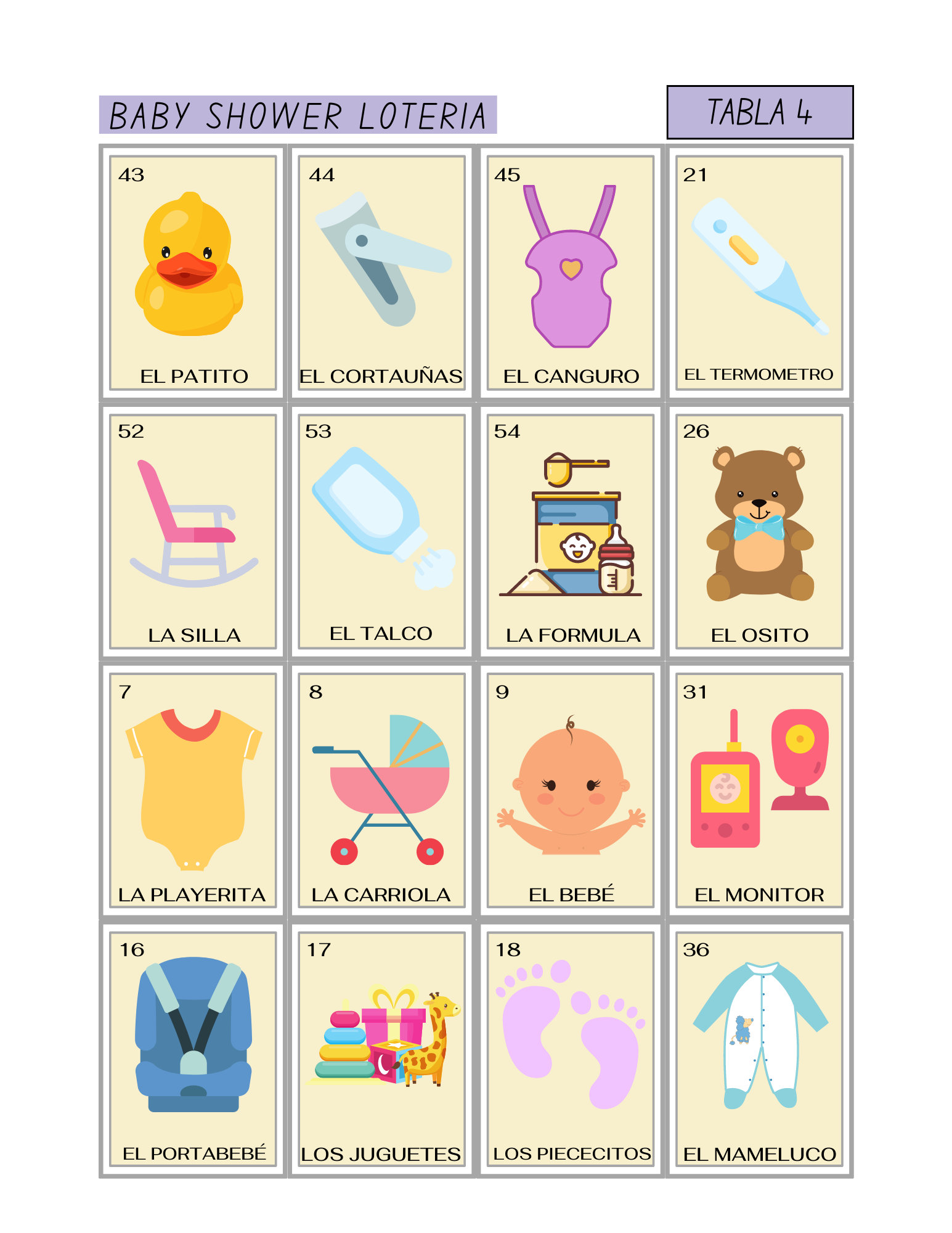 Lotería de Baby Shower en Español. 54 Tarjetas, con 10 Tablas ...