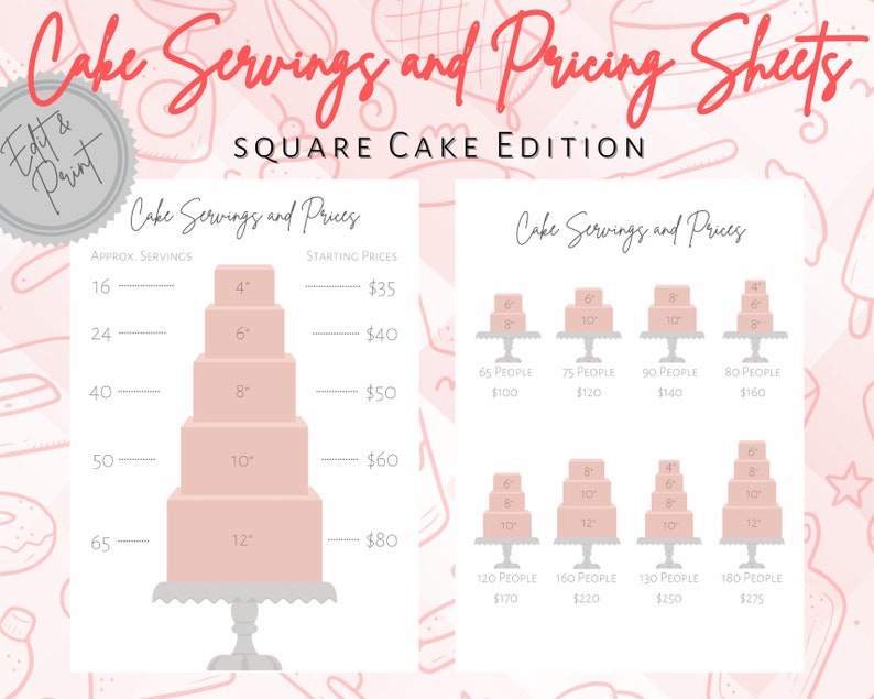 Cake Servings and Pricing Sheets. SQUARE CAKE EDITION. - Etsy