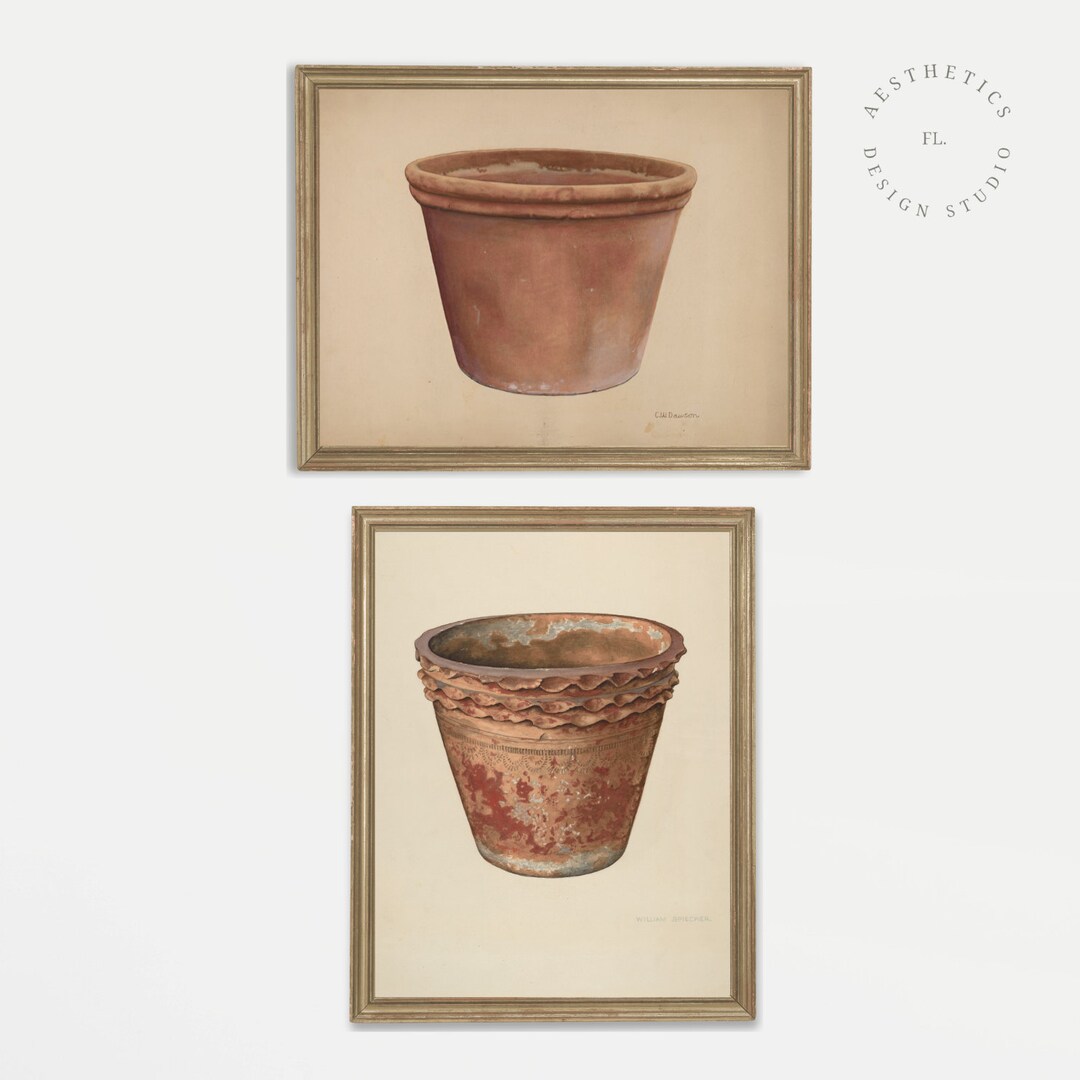 Antique Terracotta Pot Print Set, Antiqued Flower Pot Duo, Unique ...