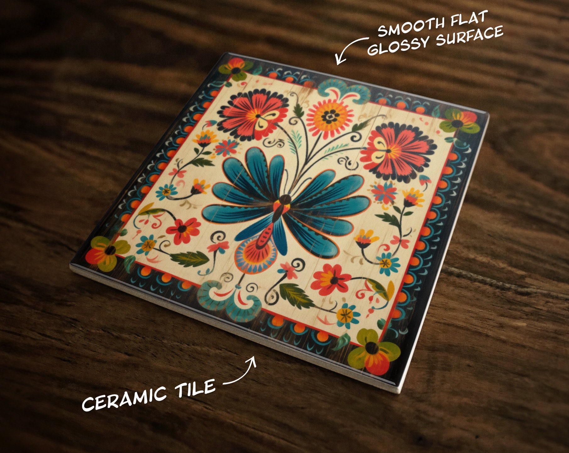 Folk Art Floral Ceramic Tile: Vintage Style Decorative Tile - Etsy