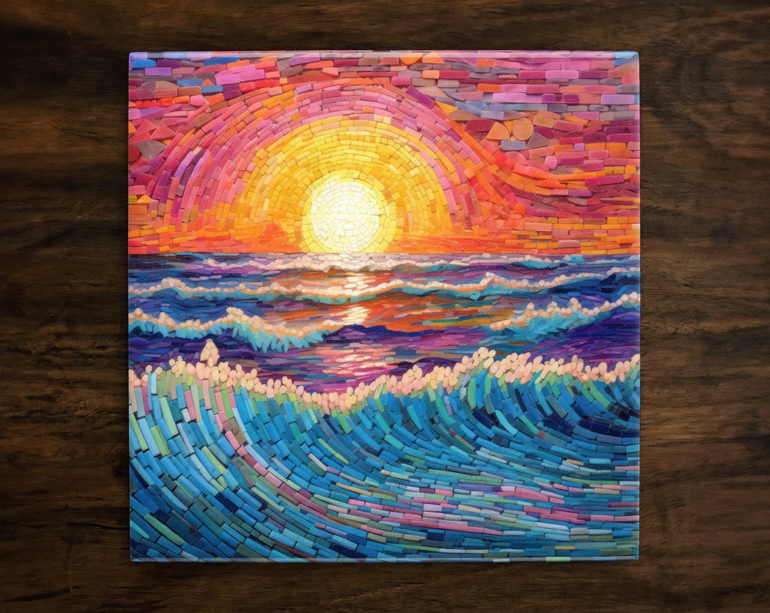 Beautiful Mosaic Inspired Ocean Sunset Art, on a Glossy Ceramic ... Beautiful Mosaic Inspired Ocean Sunset Art, on a Glossy Ceramic ...