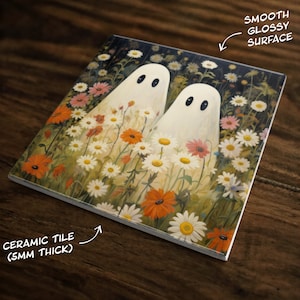 Two Cute Ghosts in a Field of Flowers, Art on a Glossy Ceramic ...
