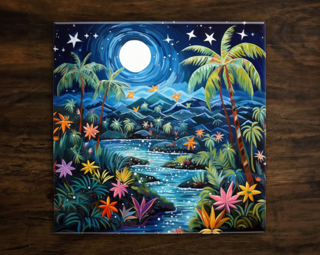 Tropical Starry Night Ceramic Tile Art: Island Decor - Etsy