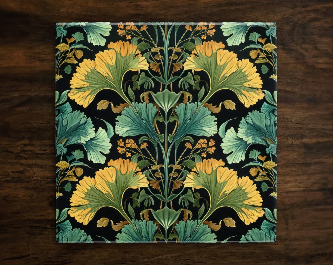Ornate Vintage-inspired Ginkgo Design (#2), on a Glossy Ceramic ...