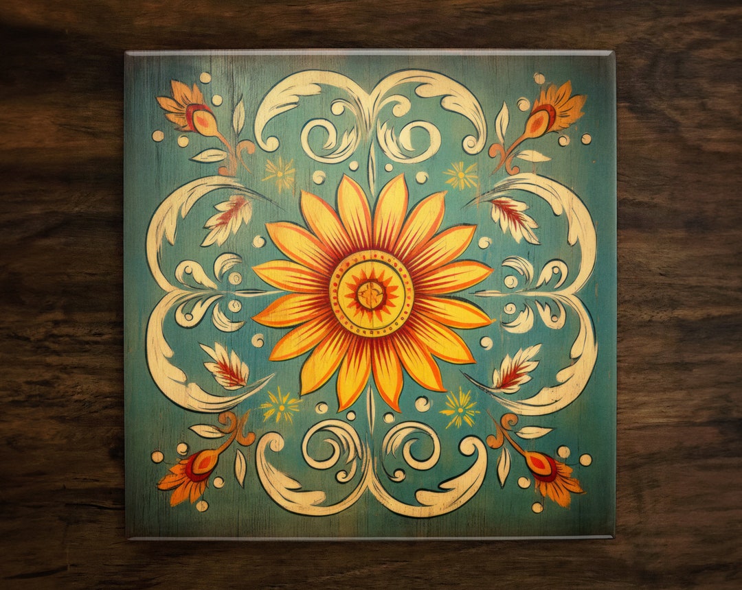 Vintage Style Folk Art Design (#1), on a Glossy Ceramic Decorative Tile ...
