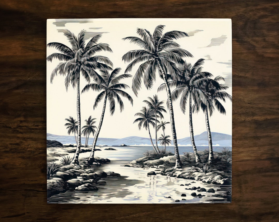 Vintage Style Tropical Island Art, on a Glossy Ceramic Decorative Tile ...