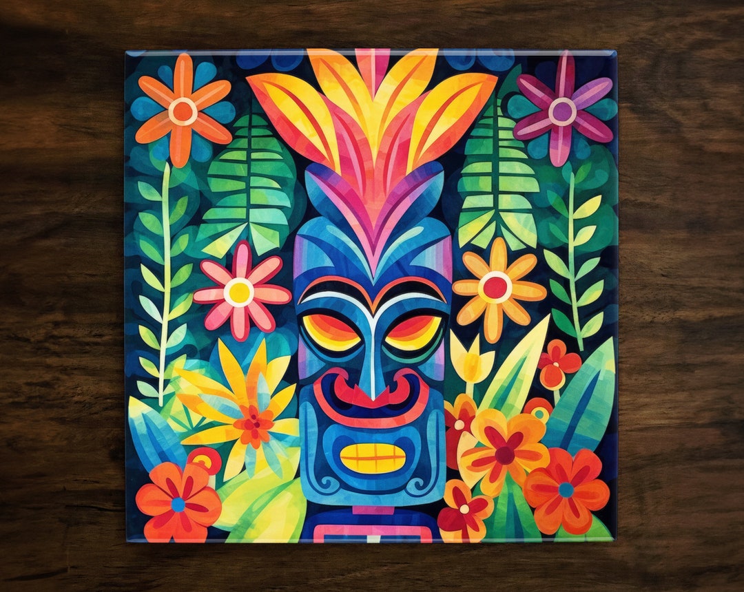 Tropical Tiki Inspired Art (#4), on a Glossy Ceramic Decorative Tile ...
