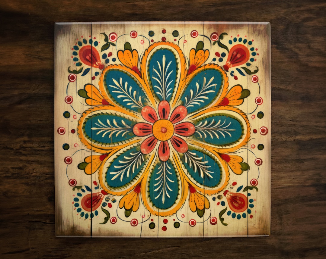 Vintage Style Folk Art Design (#6), on a Glossy Ceramic Decorative Tile ...