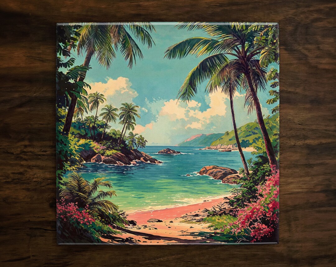 Vintage-style Illustration of a Tropical Island Oasis, Art on a Glossy ...