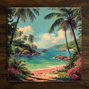 Vintage-style Illustration of a Tropical Island Oasis, Art on a Glossy ...
