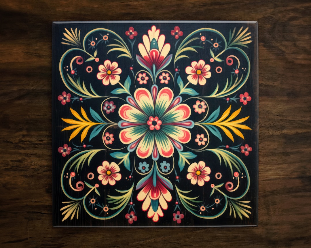 Vintage Style Folk Art Design (#7), on a Glossy Ceramic Decorative Tile ...
