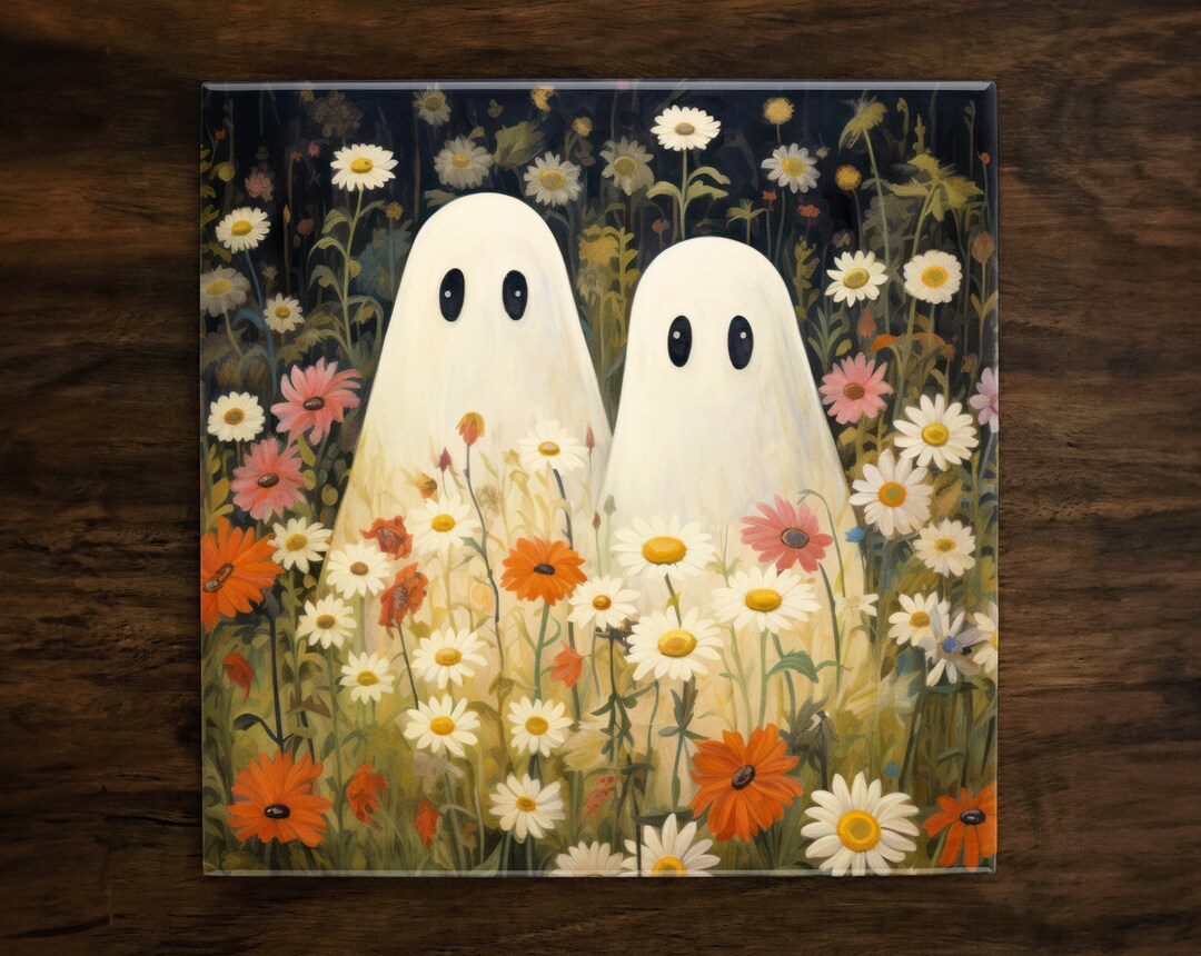Two Cute Ghosts in a Field of Flowers, Art on a Glossy Ceramic ...