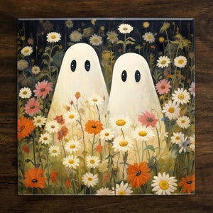 Two Cute Ghosts in a Field of Flowers, Art on a Glossy Ceramic ...