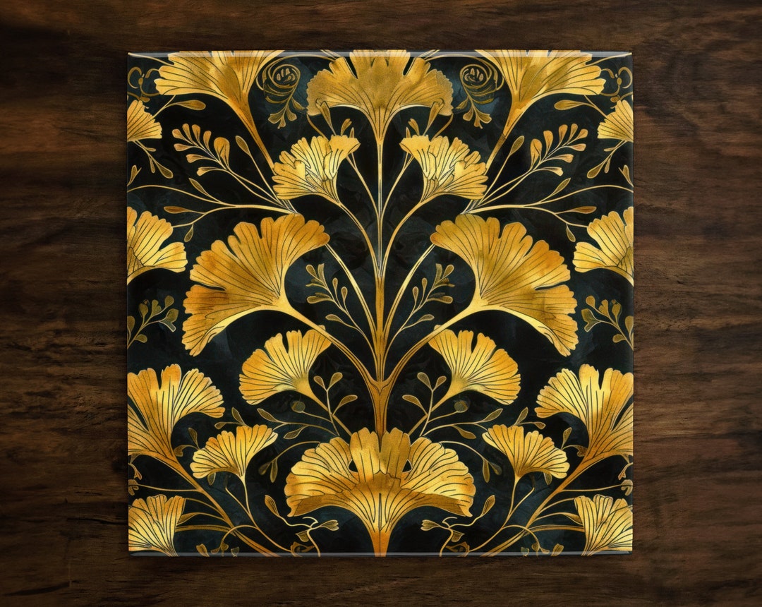 Ornate Vintage-inspired Ginkgo Design (#4), on a Glossy Ceramic ...