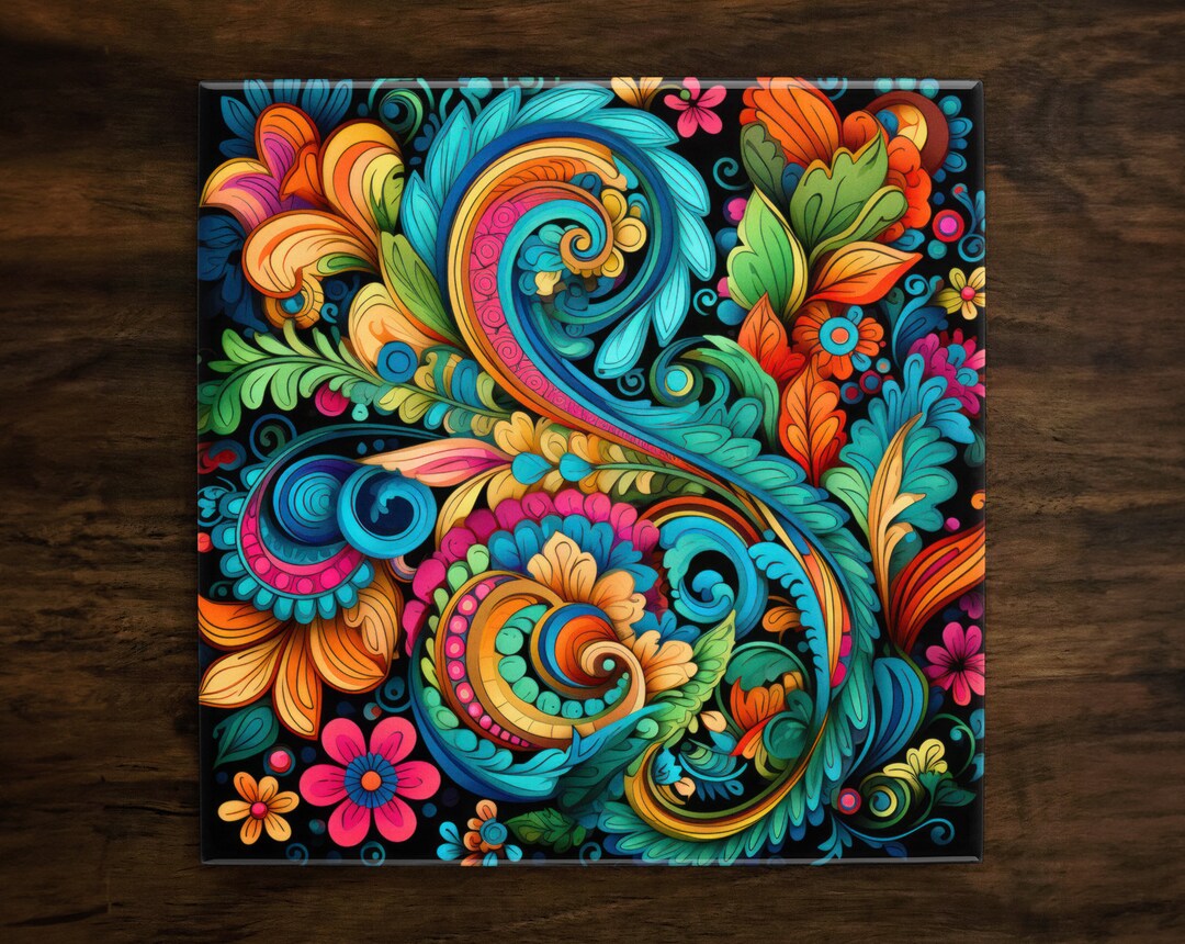 Colorful Paisley Ceramic Tile: Intricate Floral Art Decor - Etsy