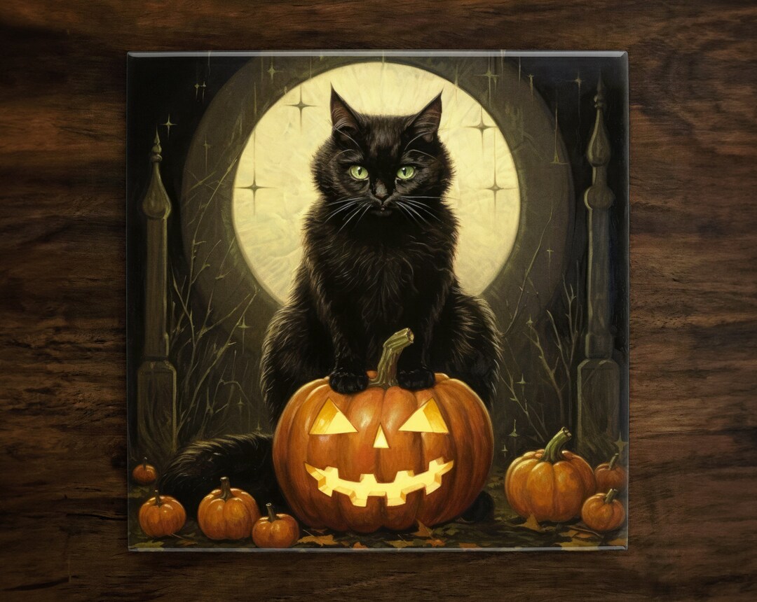 Halloween Black Cat Art, on a Glossy Ceramic Decorative Tile, Free ...