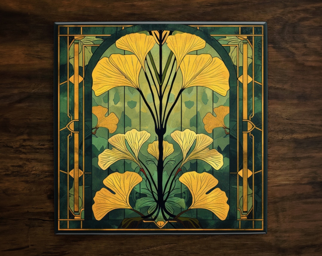 Ornate Vintage-inspired Ginkgo Design (#1), on a Glossy Ceramic ...