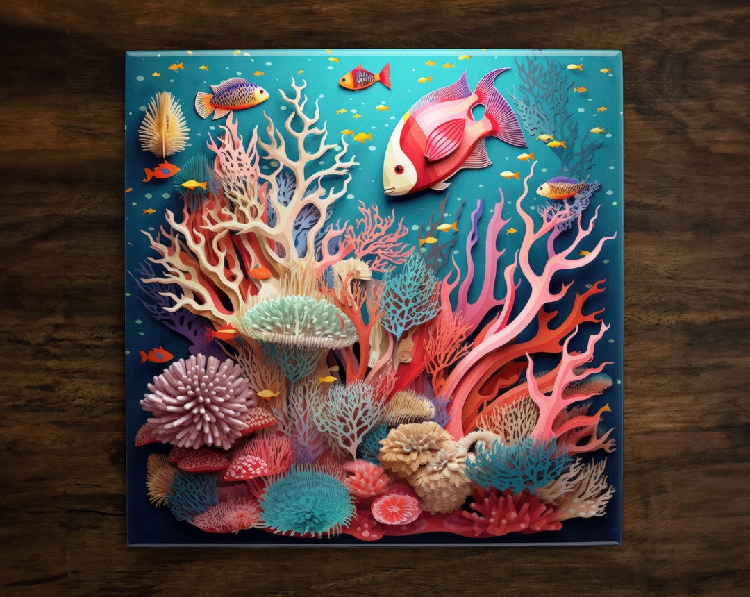 Coral Reefs Under the Sea, Art on a Glossy Ceramic Decorative Tile ...