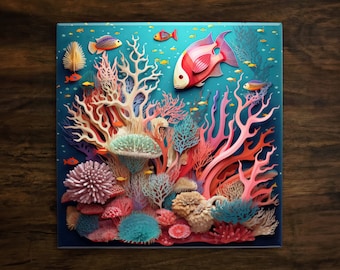 Coral Reef Ceramic Wall Art Decorative Tile Unique Home Decor Stained ...
