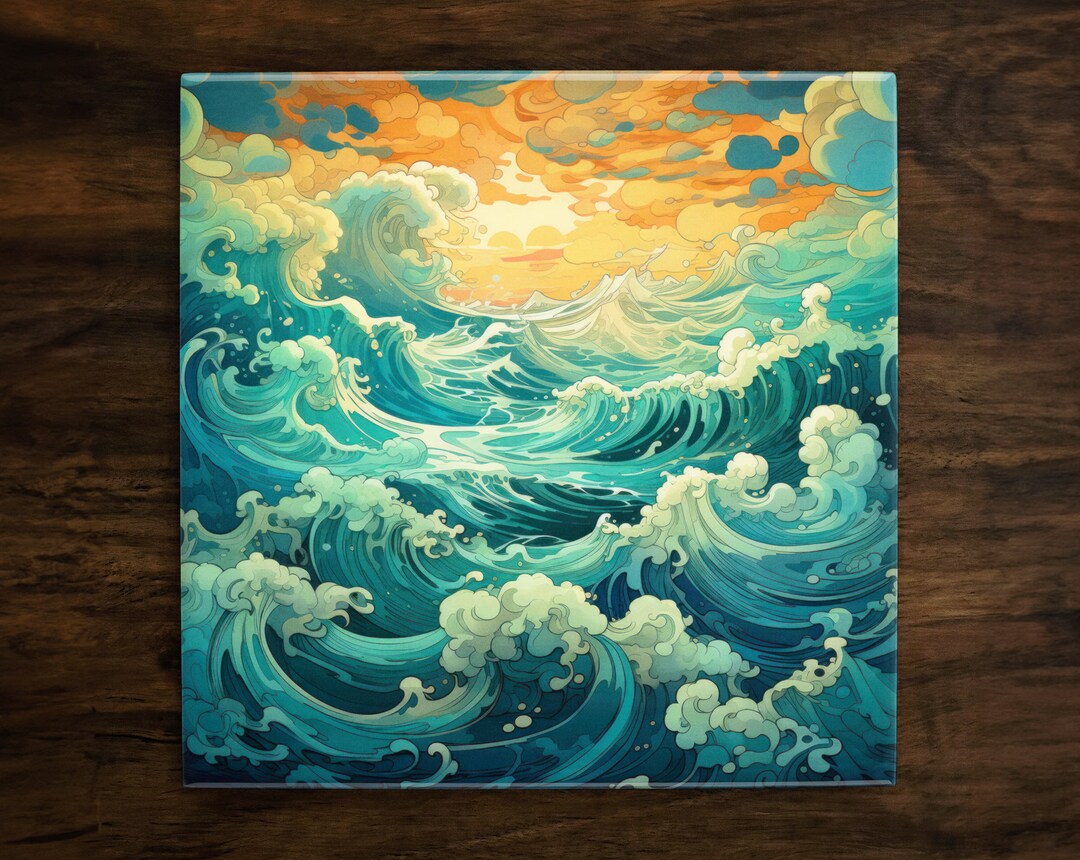 Beautifully Stylized Ocean Waves Art, on a Glossy Ceramic Decorative Tile, Free Shipping to USA ...