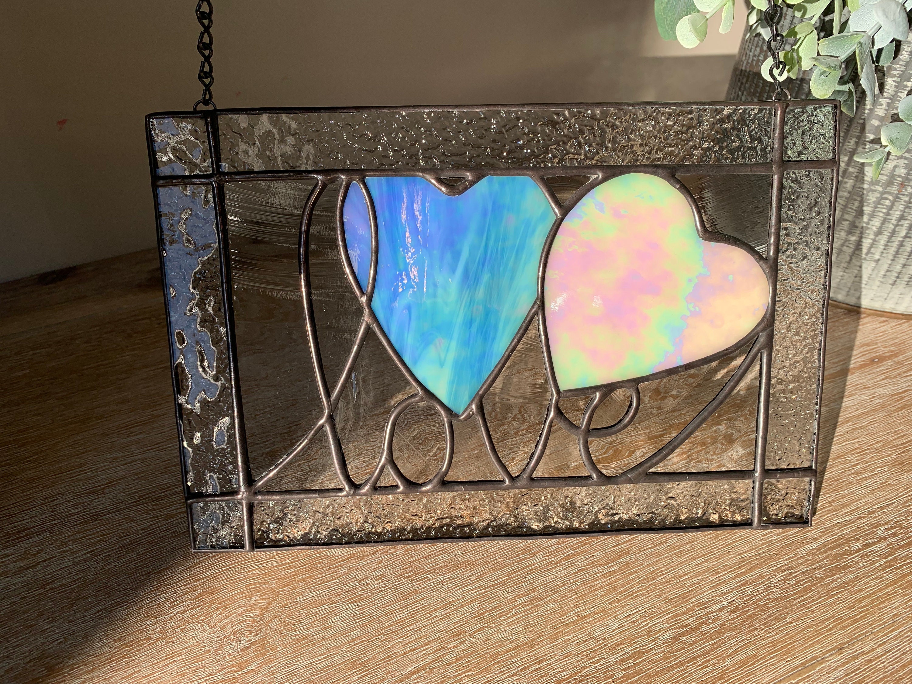 Stained Glass Two Hearts, One Love Sign, Panel, Suncatcher - Etsy