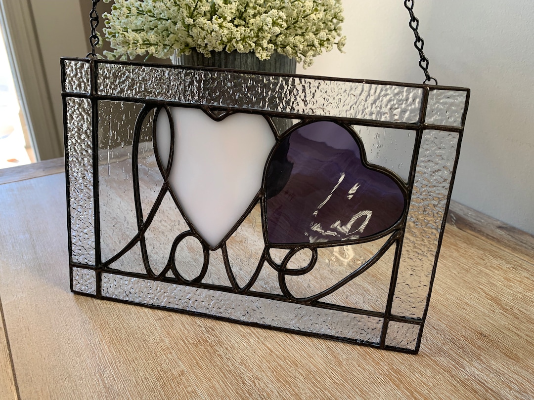 Stained Glass Two Hearts, One Love Sign, Panel, Suncatcher - Etsy