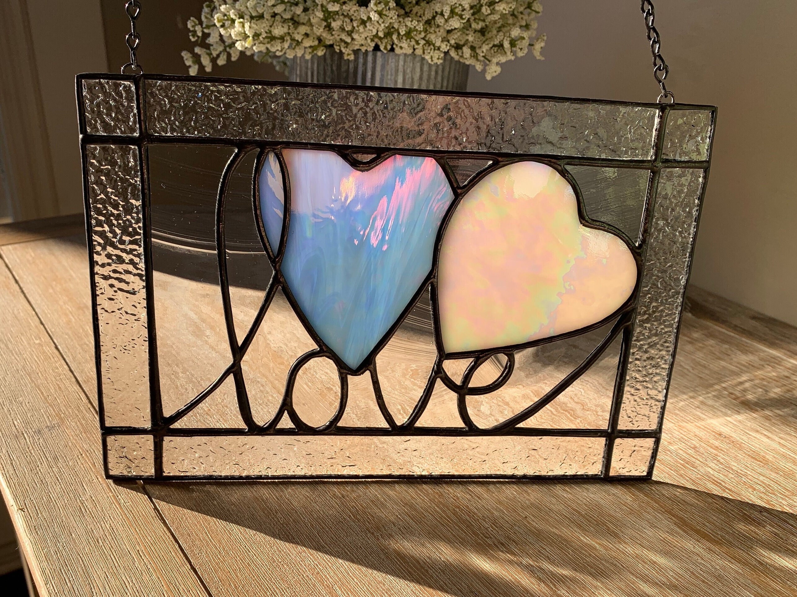 Stained Glass Two Hearts, One Love Sign, Panel, Suncatcher - Etsy