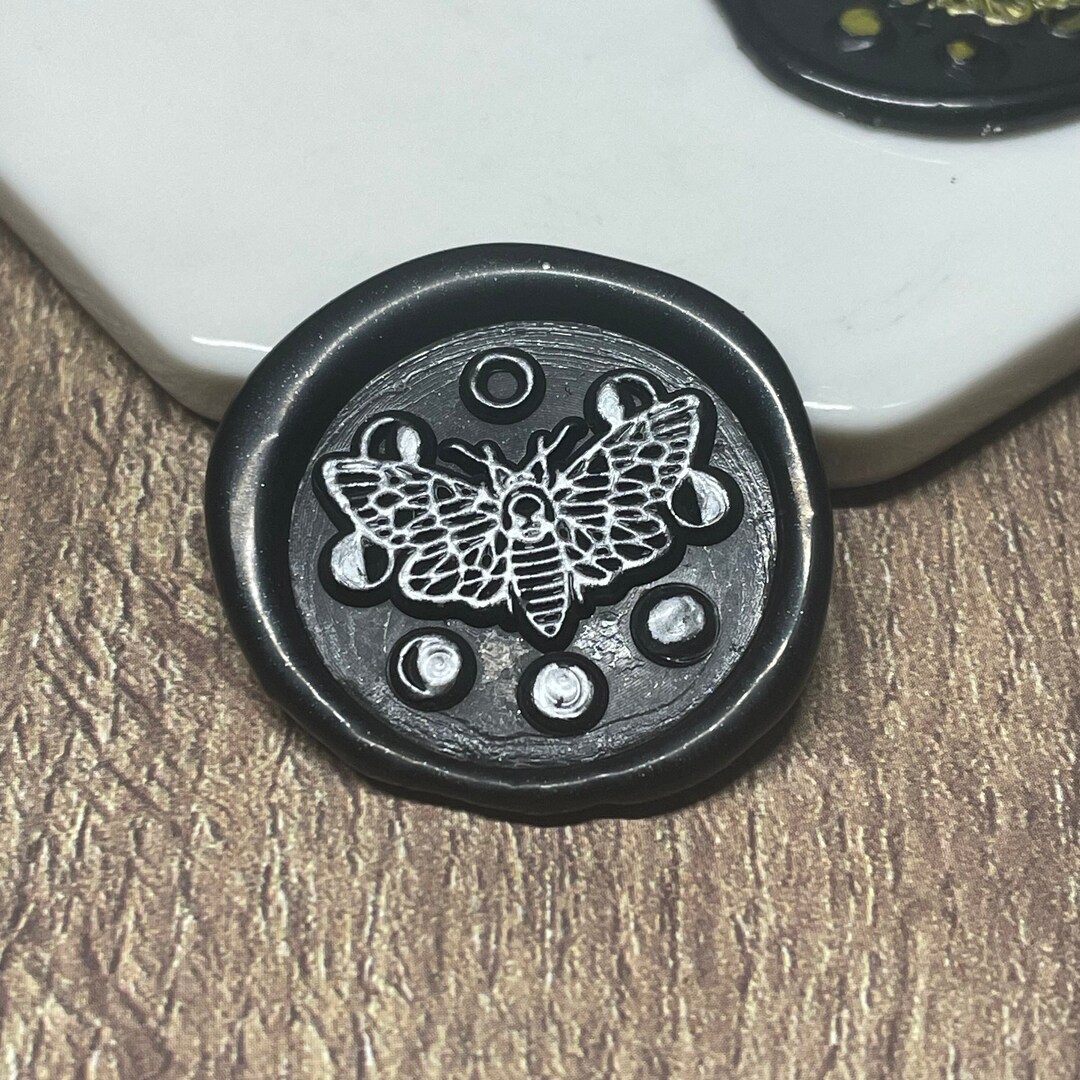 Handmade Black Self-adhesive Wax Seal With Moth and Moon Phases for ...