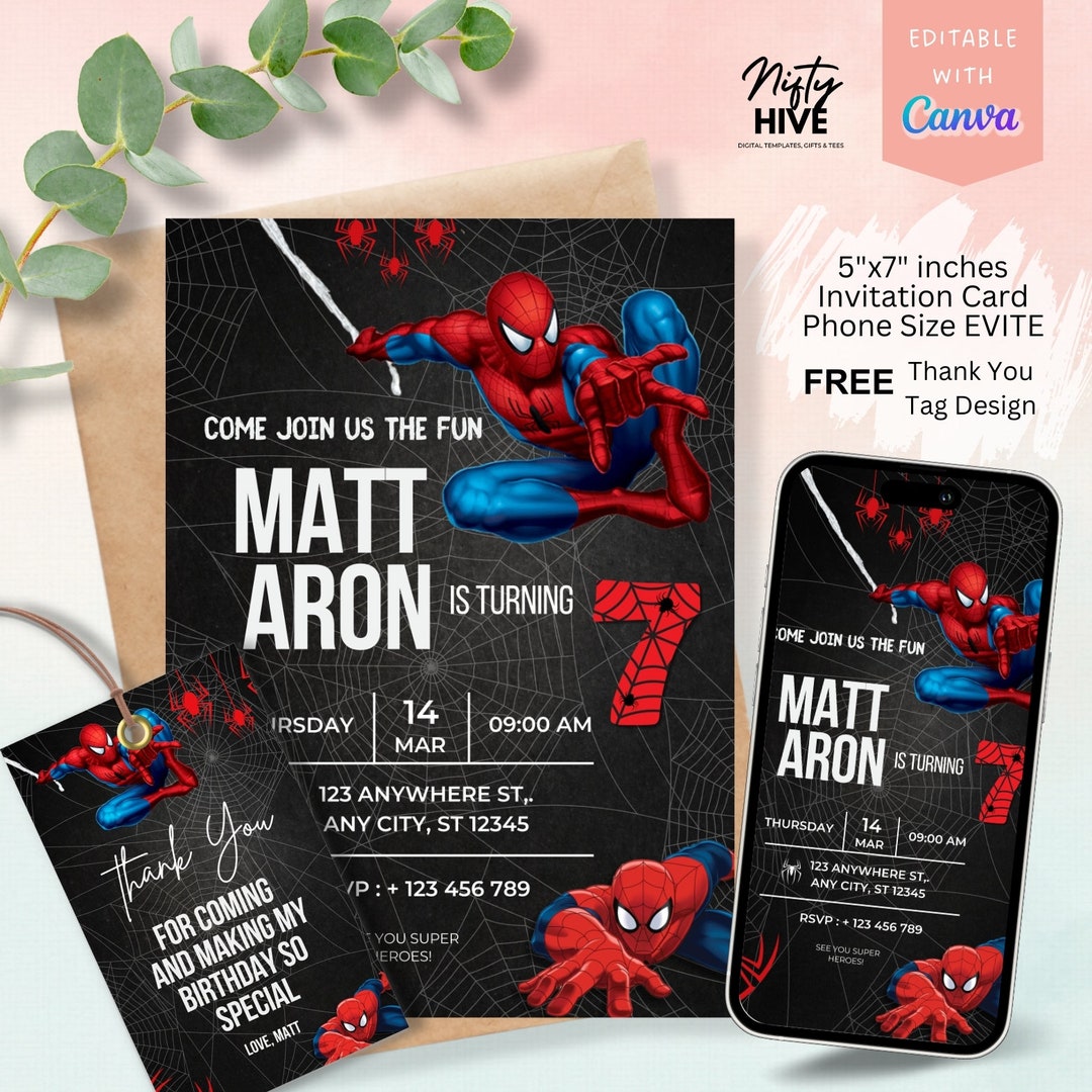 Spider Man 7th Birthday Party, Turning 7 Evite, Spider Man Birthday ...