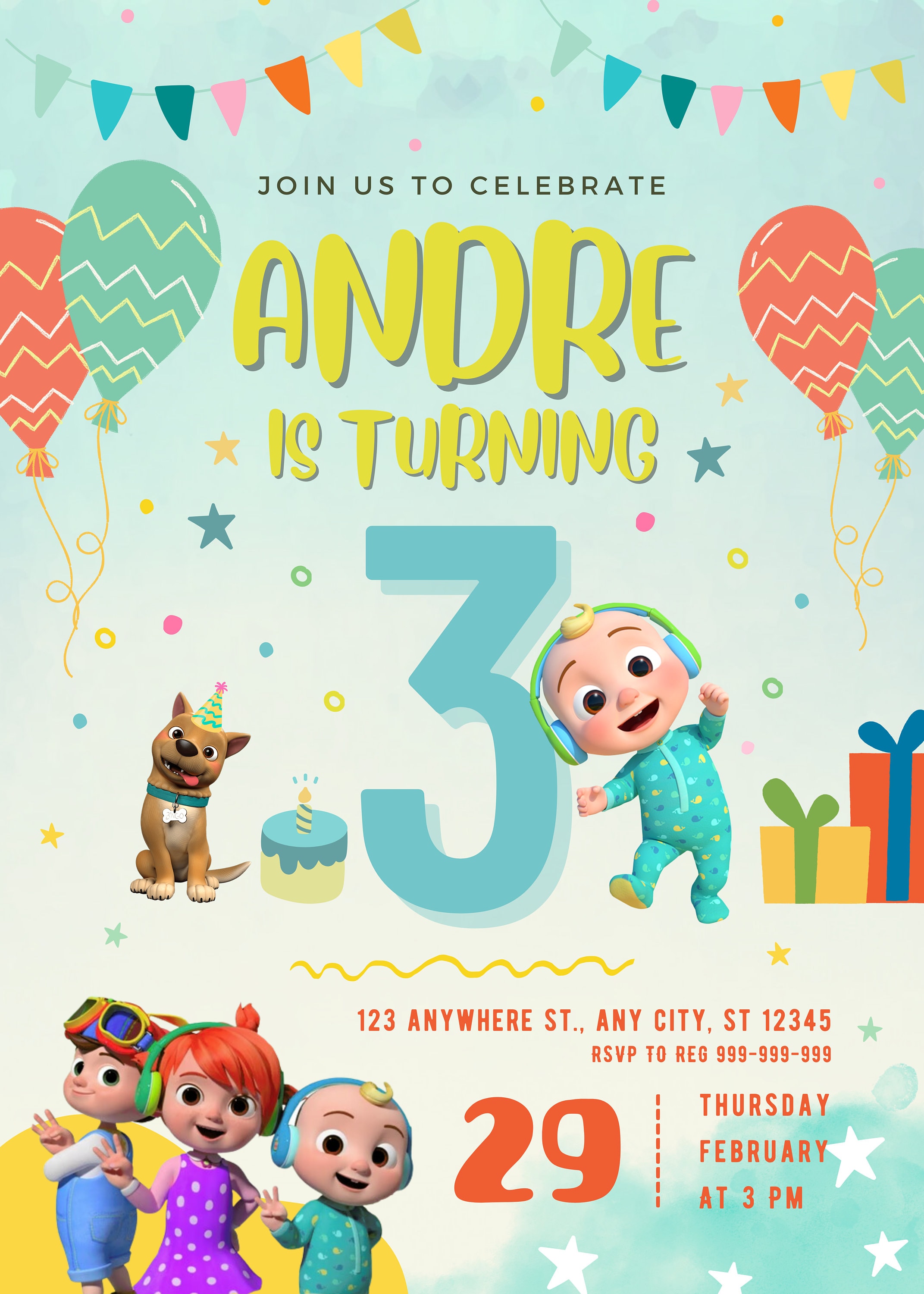 JJ Coco 3rd Birthday Party, Turning 3, Birthday Digital Print Invitation, Boy 3rd Birthday ...
