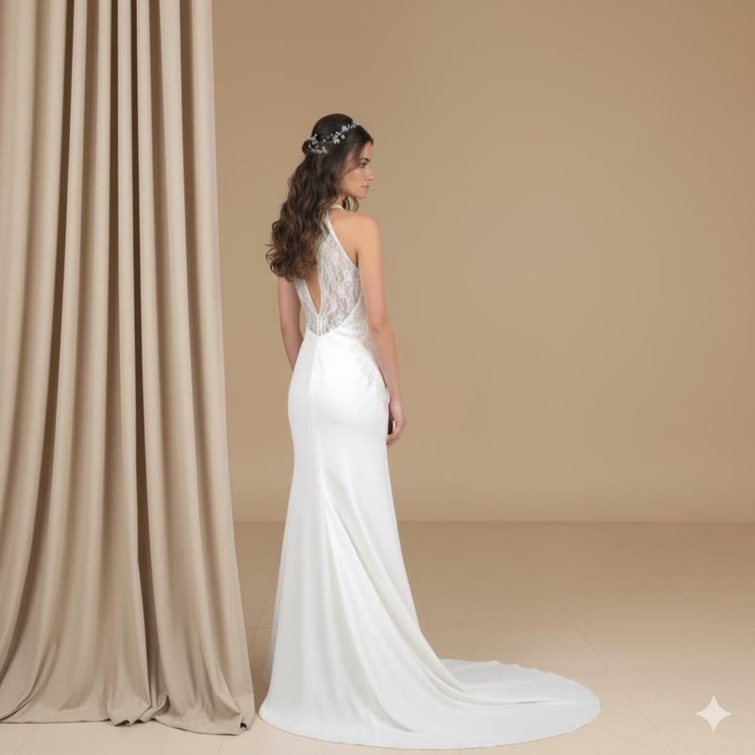 Minimalist Ivory Maxi Wedding Gown: Bare Shoulders, Embroidered Train ...