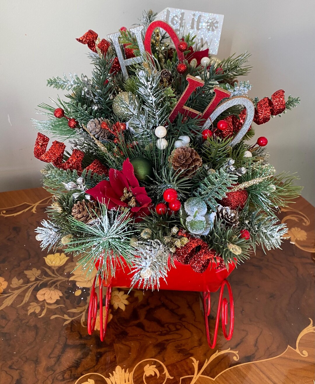 Red Christmas Sleigh Centerpiece / Home Decor / Christmas Decor / Santa ...