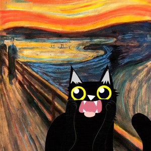 The Scream Cat Art Print: Funny Black Cat Portrait (digital Download ...