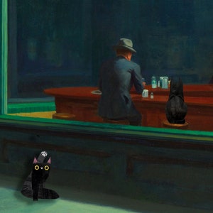 Edward Hopper Nighthawks With Cats Print: Funny Black Cat Art (digital ...