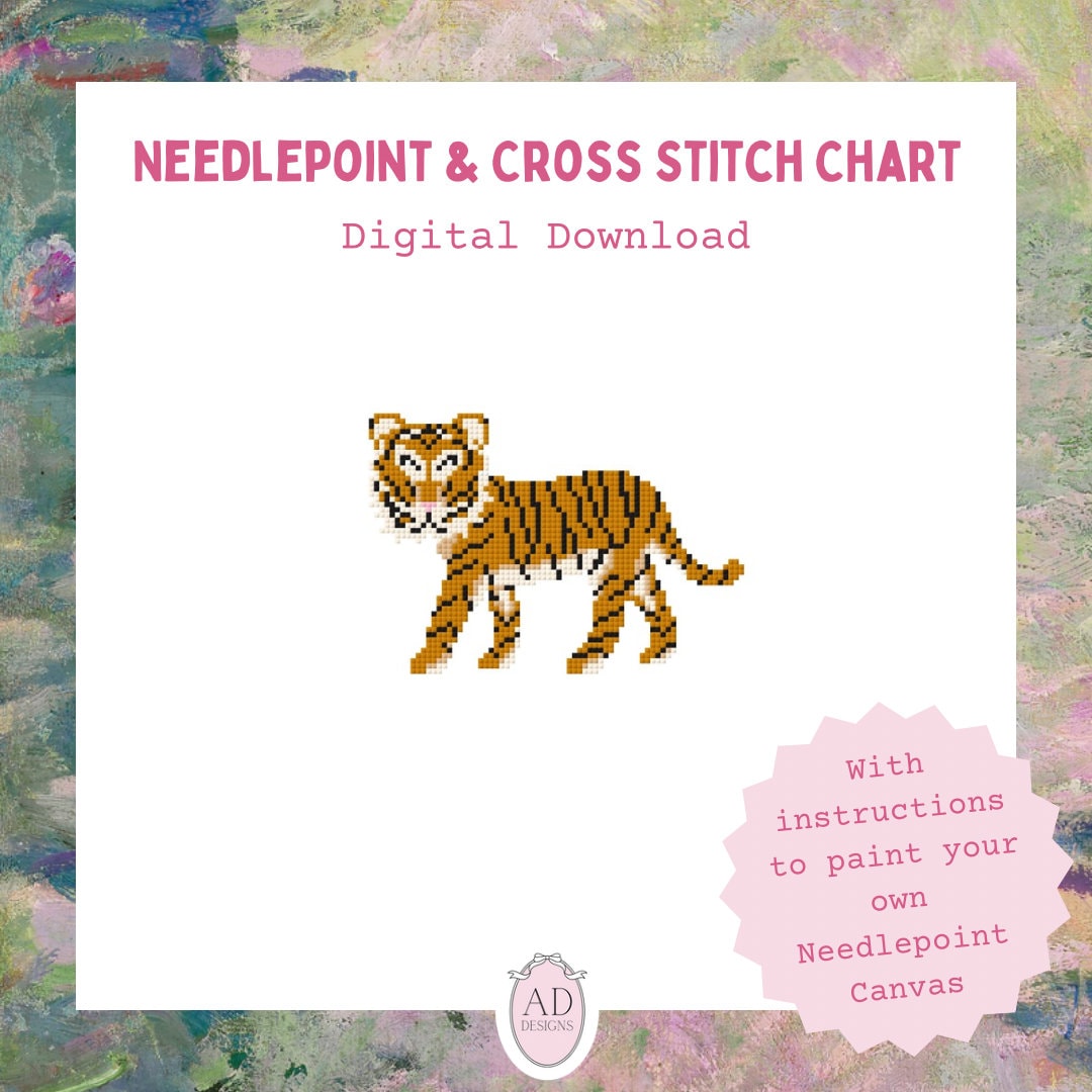 Tiger Needlepoint and Cross Stitch Chart With Instructions to Paint ...