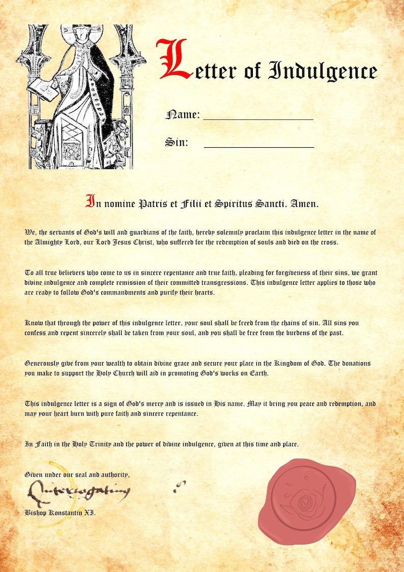 Personalizable Letter of Indulgence for Forgiveness of Sins Digital PDF ...